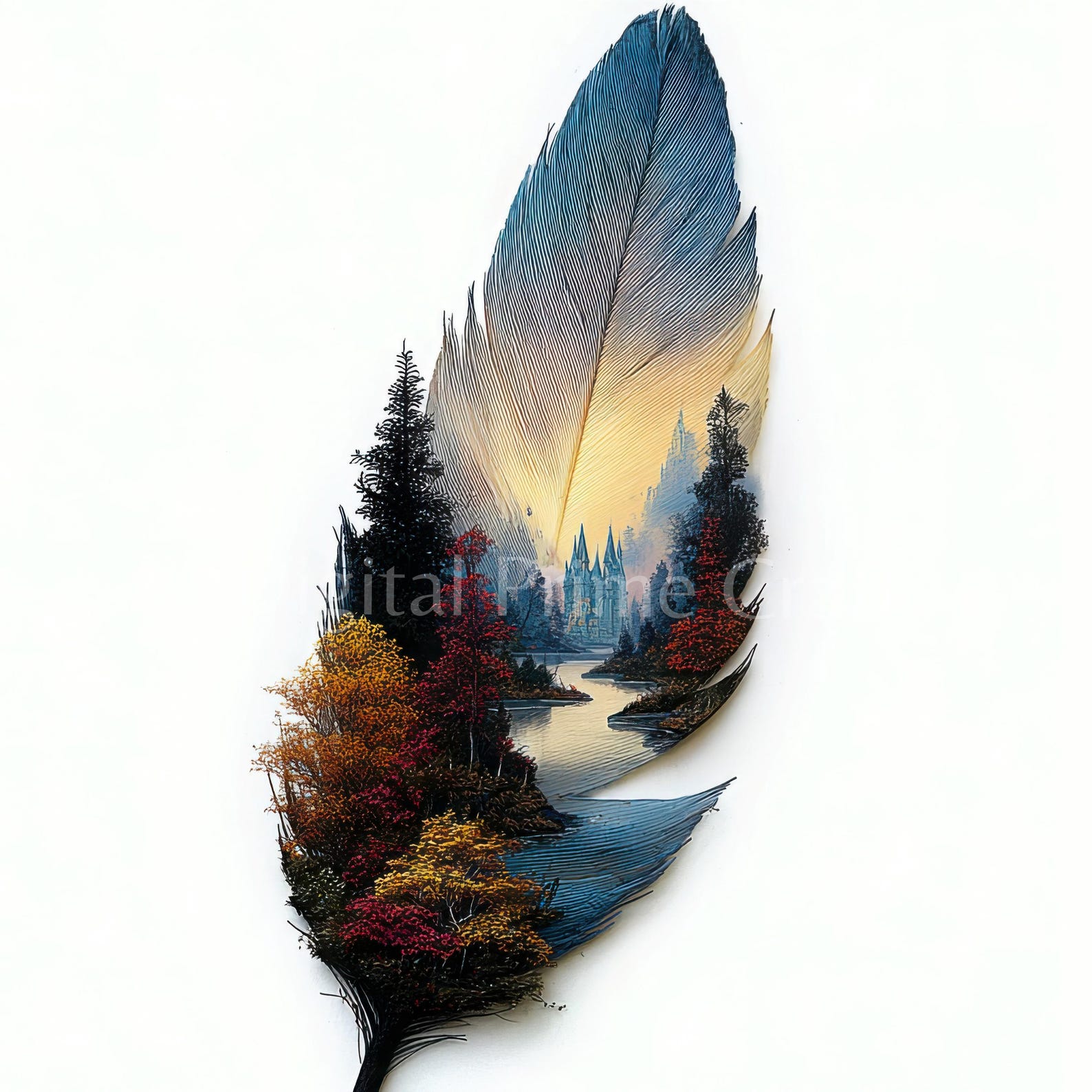 10 Feather Landscape Clipart, Whimsical Feather, Watercolor Clipart ...