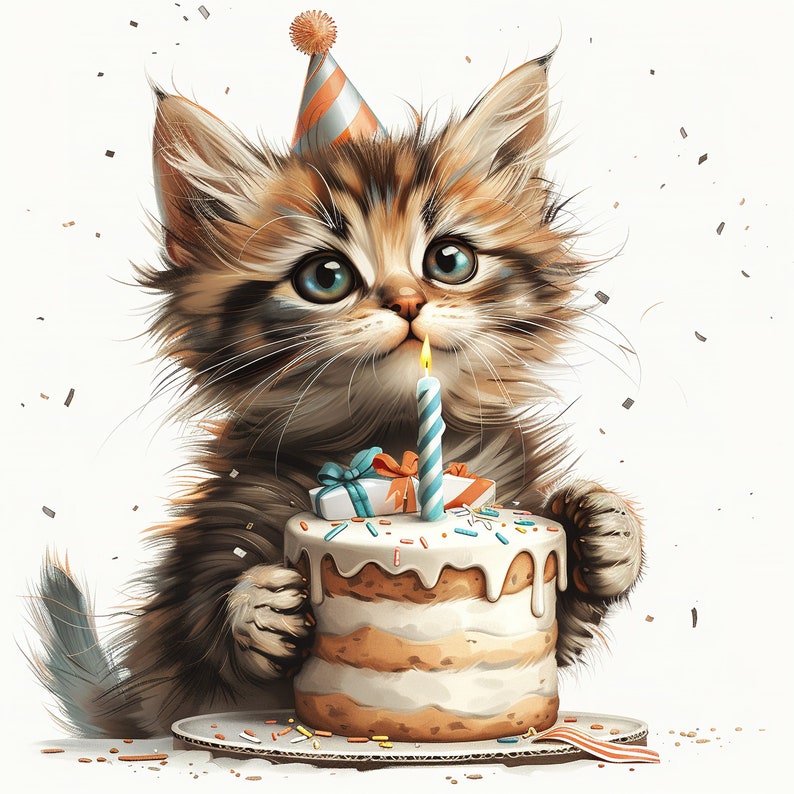 Cat Birthday Clipart, Kitten Birthday, 10 High Quality Jpgs, Watercolor ...