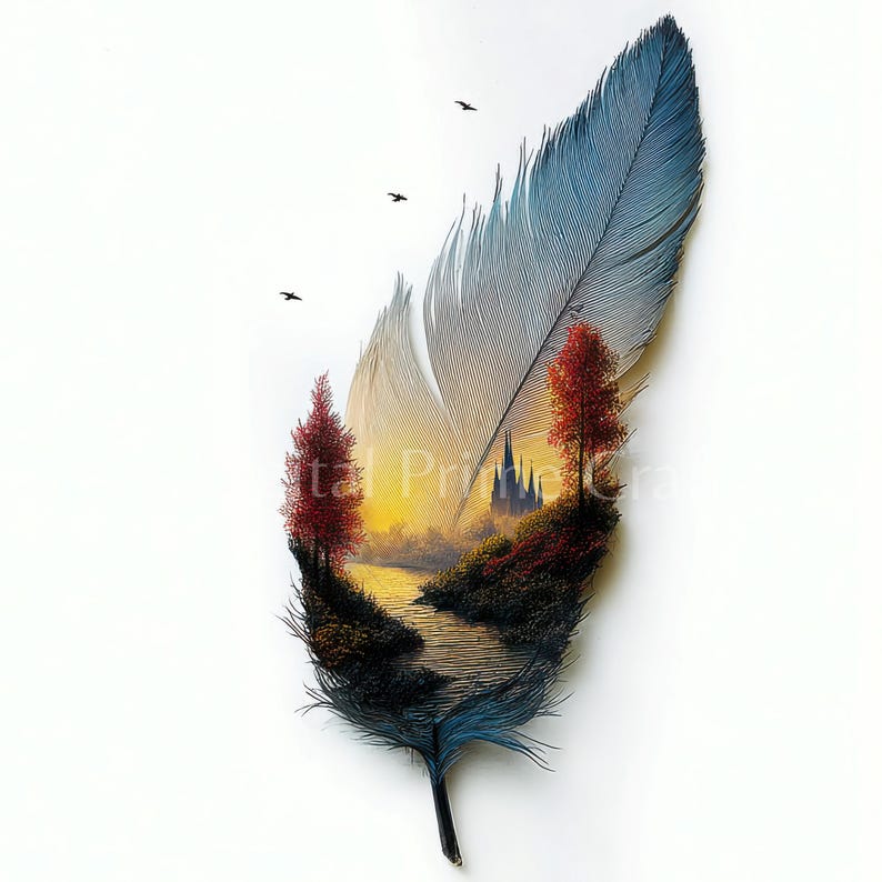 10 Feather Landscape Clipart, Whimsical Feather, Watercolor Clipart ...