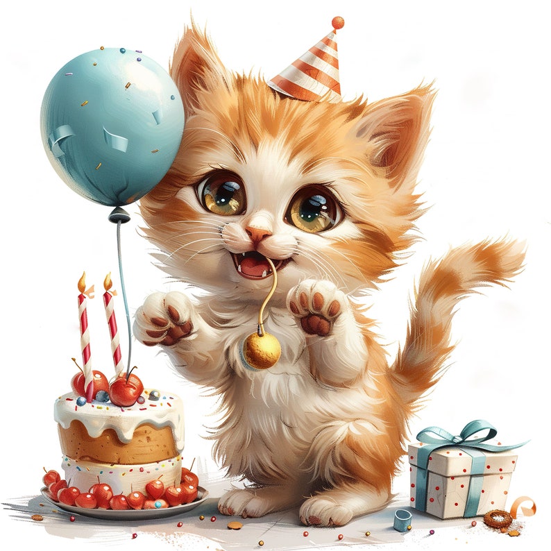 Cat Birthday Clipart, Kitten Birthday, 10 High Quality Jpgs, Watercolor ...