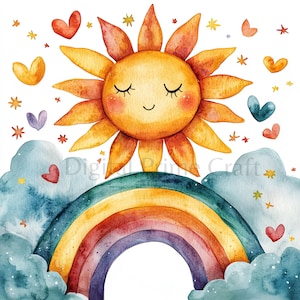 10 Watercolor Sun and Rainbow, Sun Clipart, Nursery Decor, High Quality ...