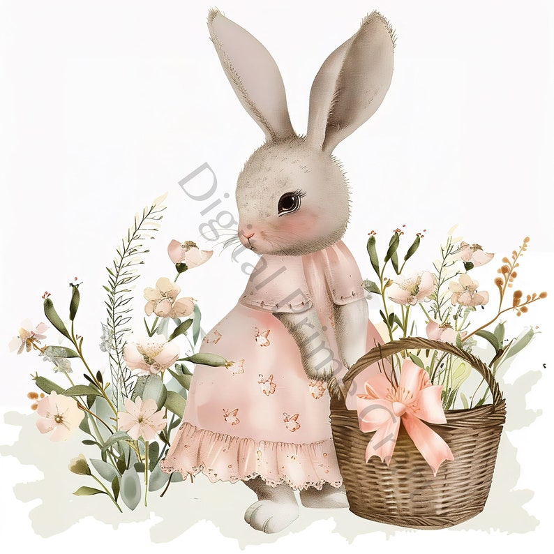 10 Bunny With Flowers, Bunny Clipart, High Quality Jpgs, Digital ...