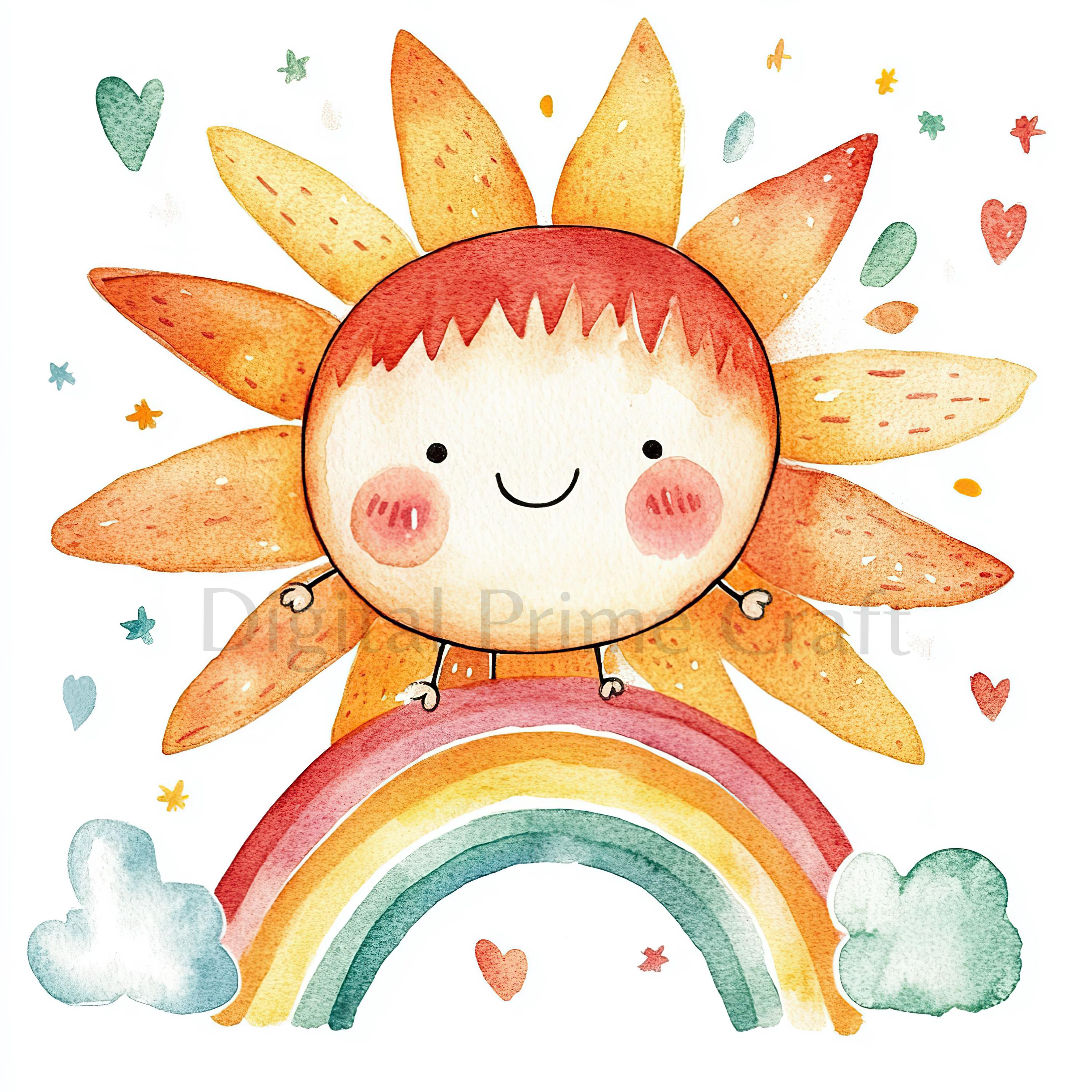 10 Watercolor Sun and Rainbow, Sun Clipart, Nursery Decor, High Quality ...