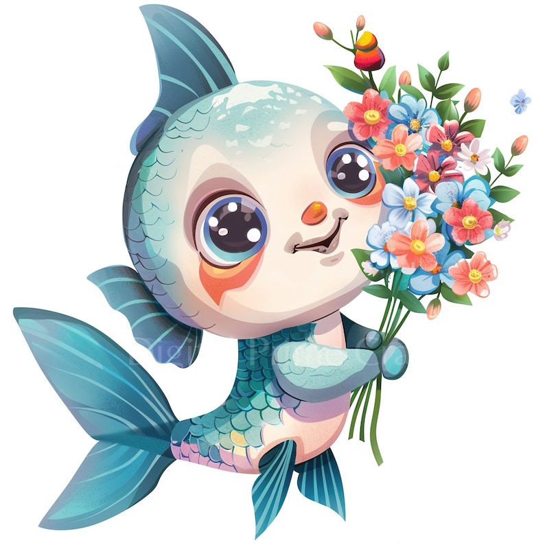 10 Fish and Flower Clipart, Fish Clipart, High Quality Jpgs, Digital ...