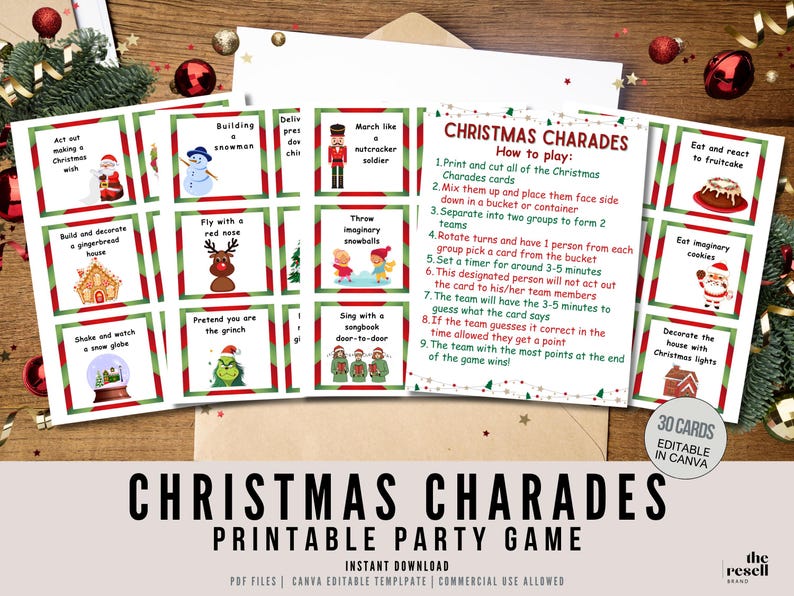 Christmas Charades Game Canva Template | 30 Printable Cards + Rules PDF ...