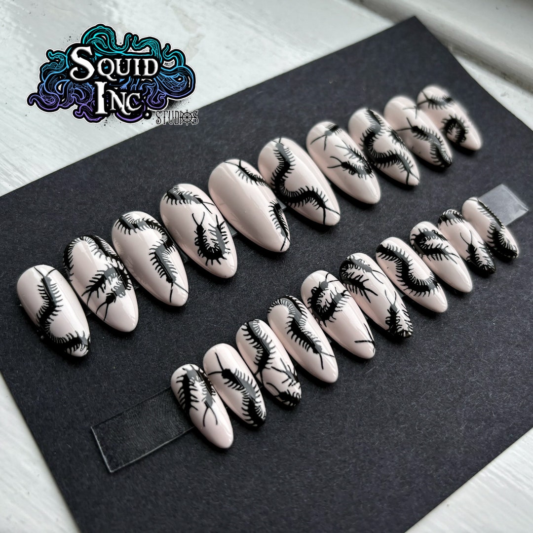 Spooky & Gothic Luxury Nails: Creepy Bugs Press on Set. Baby Pink With ...