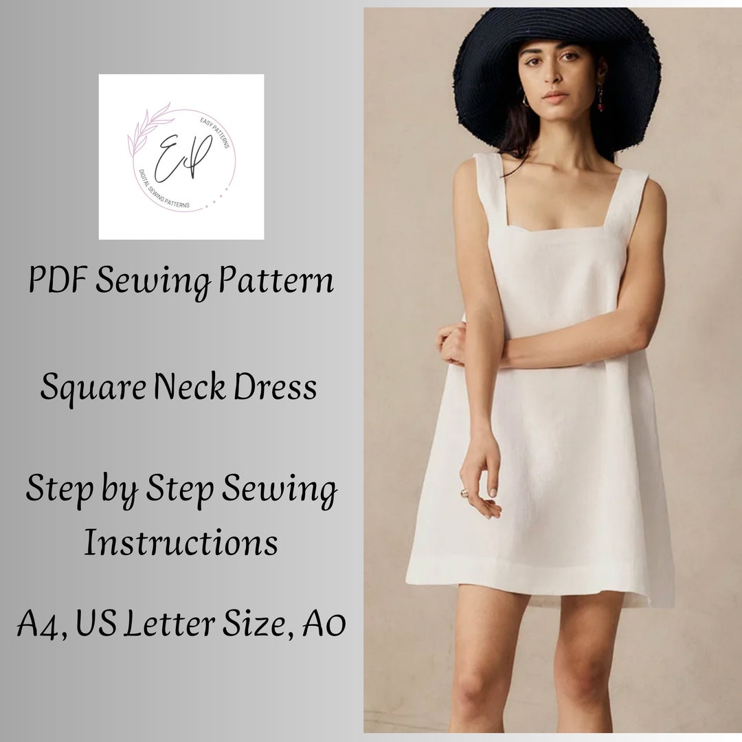 Square Neck Summer Dress Pattern, Woman PDF Sewing Printable Pattern ...