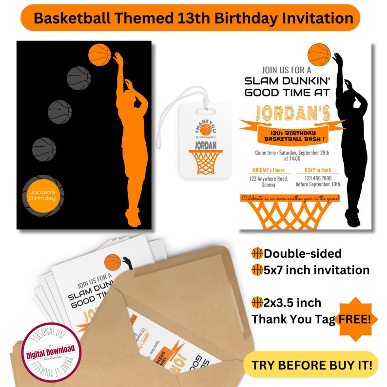 Basketball Themed 13th Birthday Invitation and Thank You Tag Bundle ...