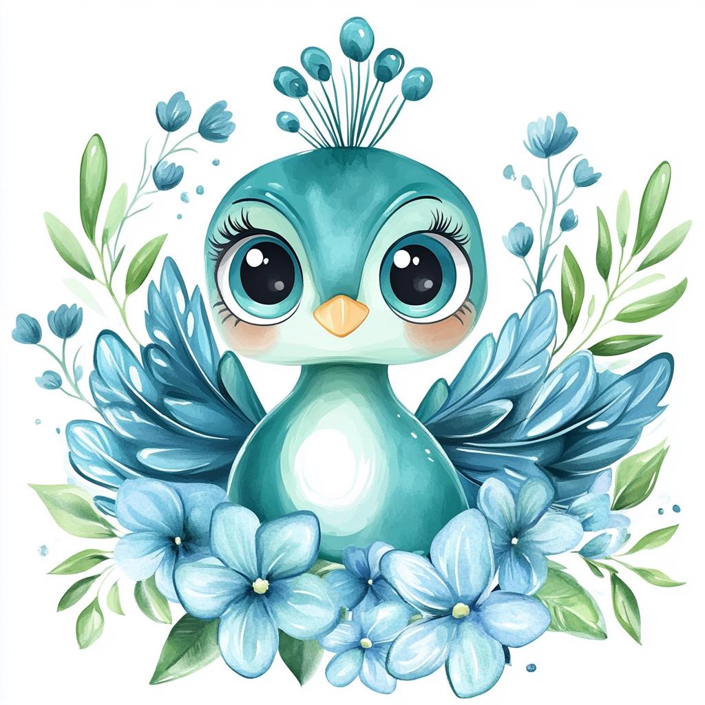 8 Cute Baby Peacock Clip Art, Watercolor Blue Plumage Illustration PNG ...