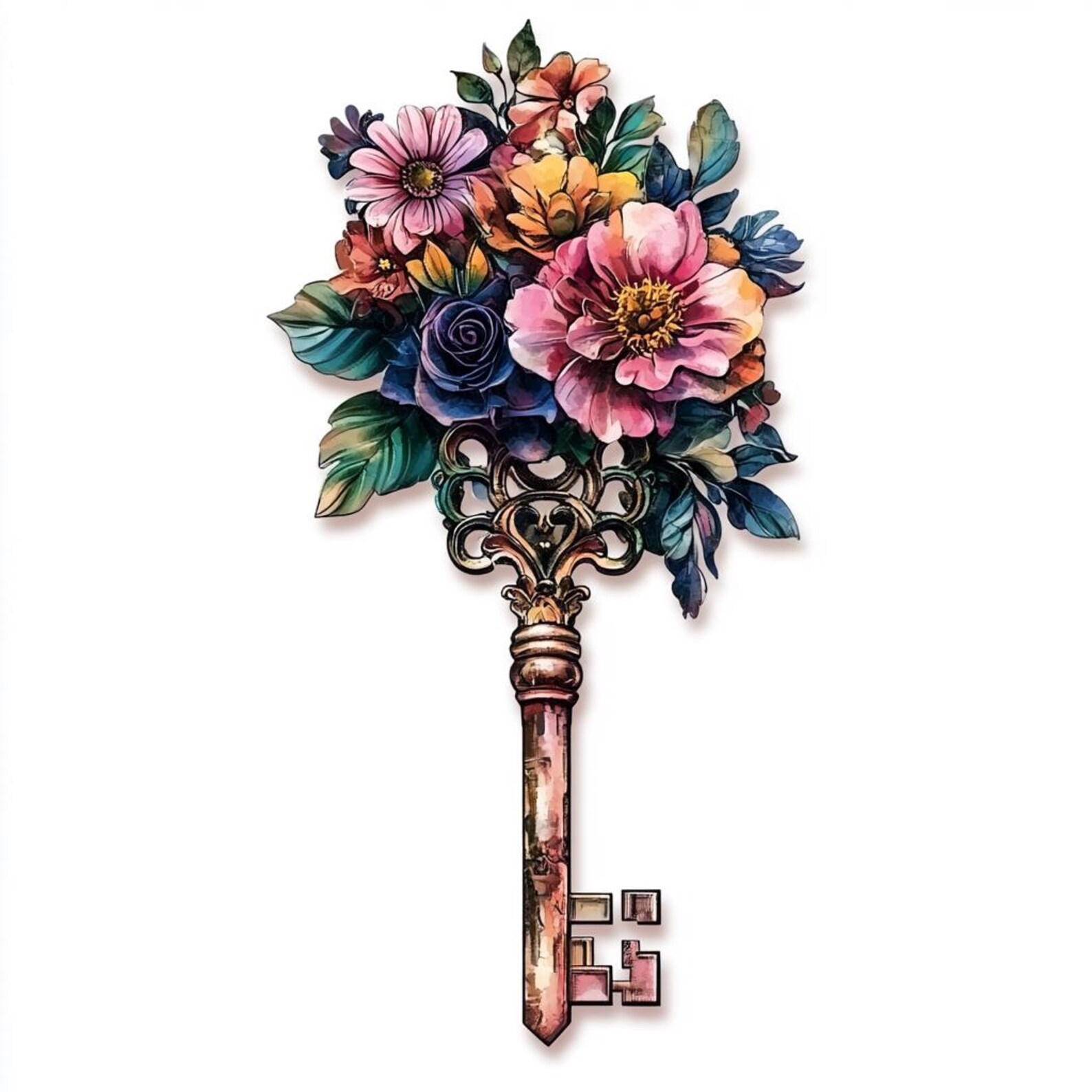 10 Watercolor Floral Skeleton Keys Clipart PNG,JPJ - Transparent ...