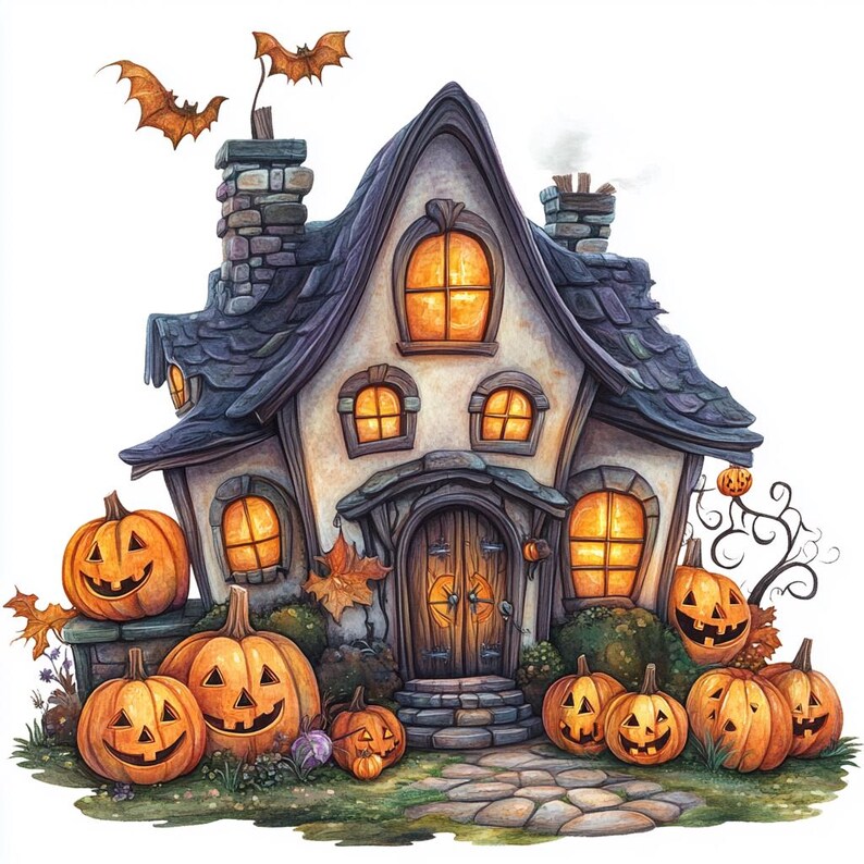 Watercolor Pumpkin House Clipart: Cottagecore Halloween PNG (commercial ...