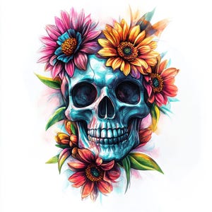 Floral Skull Clipart: Gothic Halloween PNG Illustrations (commercial ...