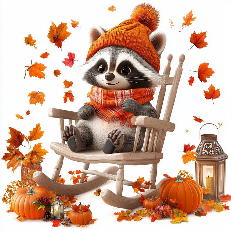 8 Cute Raccoon Pumpkin Clipart, Autumn Leaves Clipart, PNG,JPJ, Warm ...