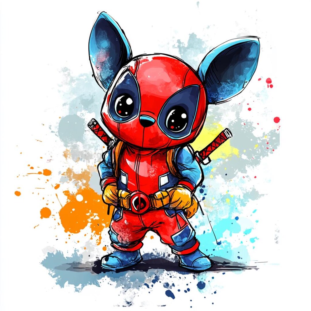 Stitch Deadpool Watercolor Clipart: High-resolution PNG (digital ...