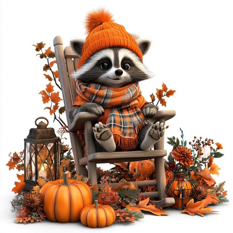 8 Cute Raccoon Pumpkin Clipart, Autumn Leaves Clipart, PNG,JPJ, Warm ...