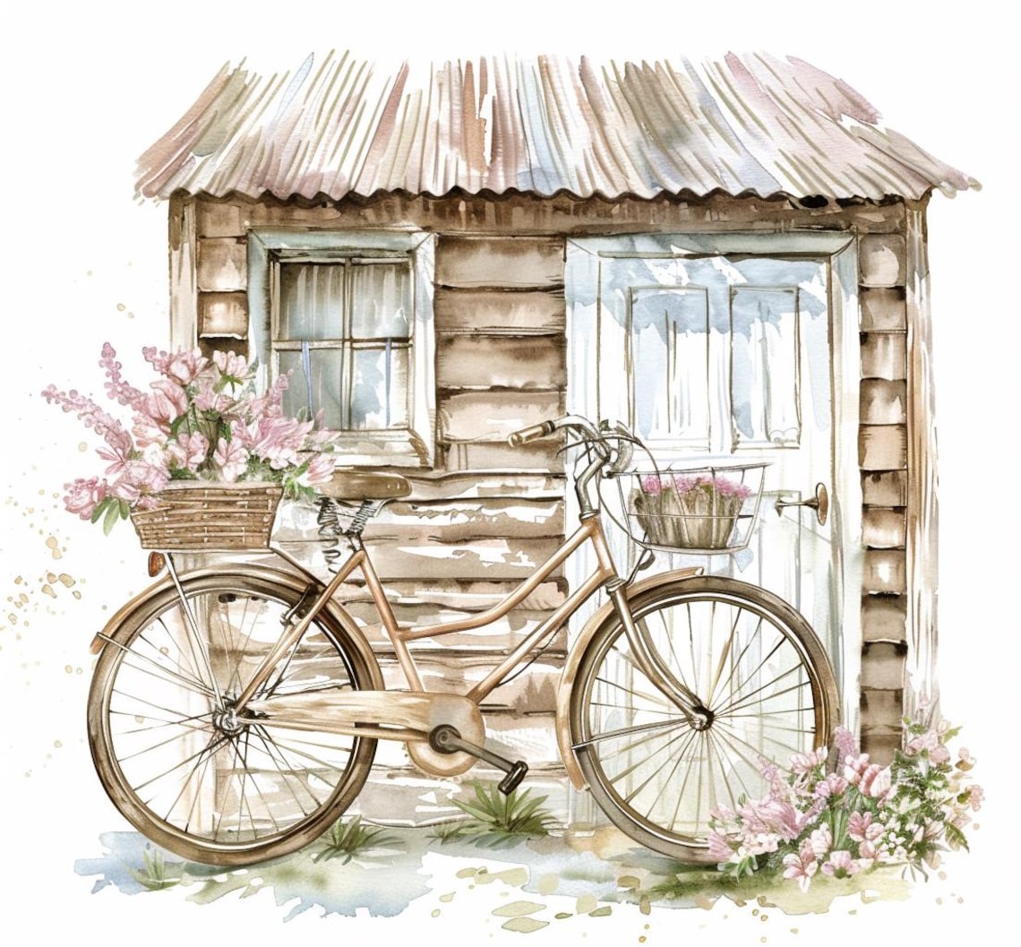 12 Bike With Flowers Clipart,watercolor Floral Bicycle Clipart Bundle ...