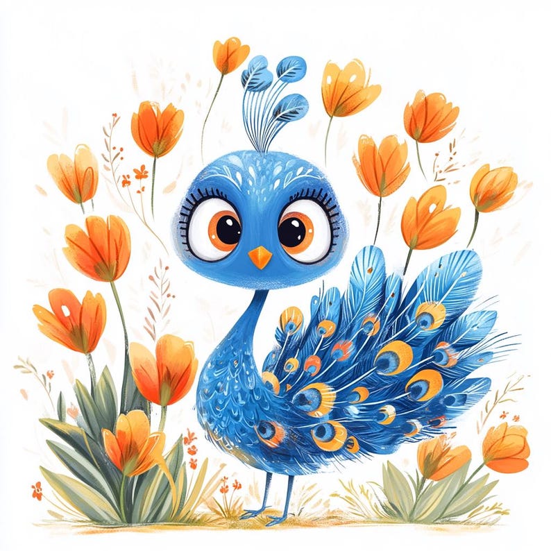 8 Cute Baby Peacock Clip Art, Watercolor Blue Plumage Illustration PNG ...