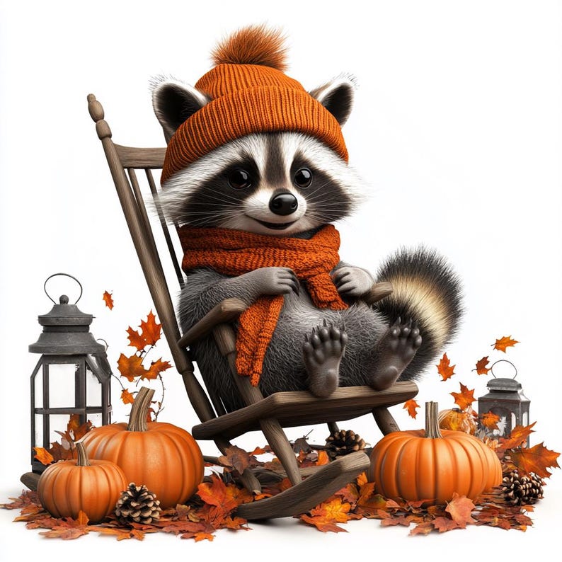 8 Cute Raccoon Pumpkin Clipart, Autumn Leaves Clipart, PNG,JPJ, Warm ...