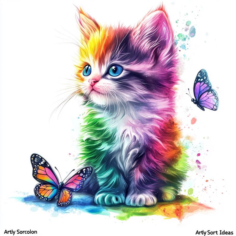 Watercolor Rainbow Kitten Clipart: Colorful Cat PNG, JPG (digital ...