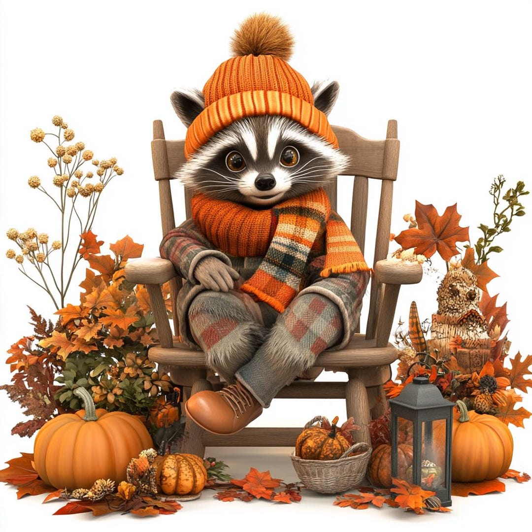 8 Cute Raccoon Pumpkin Clipart, Autumn Leaves Clipart, PNG,JPJ, Warm ...