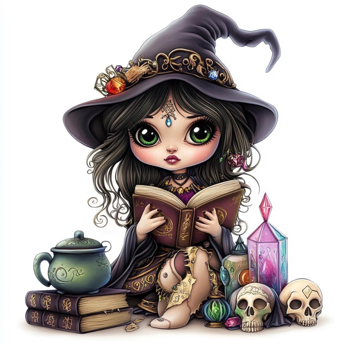 8 Cute Witch Clipart, DIGITAL DOWNLOAD, Watercolor Halloween Clip Art ...