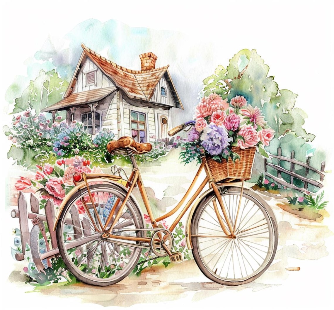 12 Bike With Flowers Clipart,watercolor Floral Bicycle Clipart Bundle ...