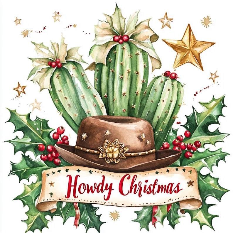 10 Christmas Cactus Clipart, Digital Watercolor Clip Art, Cute Cactus ...