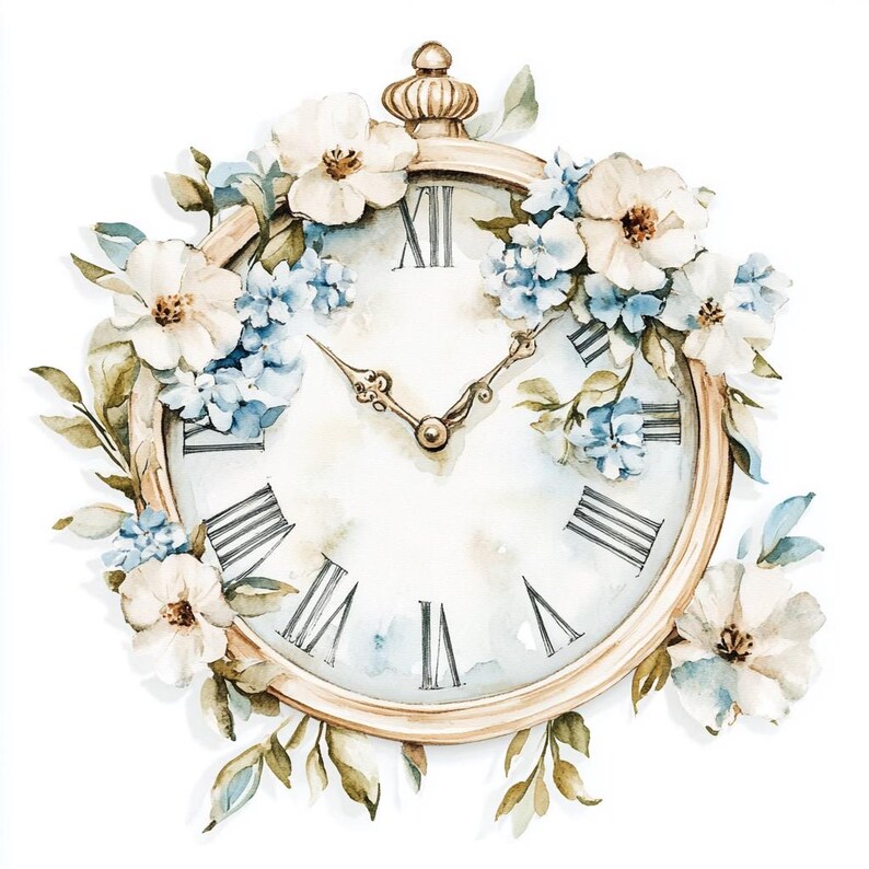 8 Floral Clock Clipart, Vintage Clock, Printable Watercolor Clipart ...