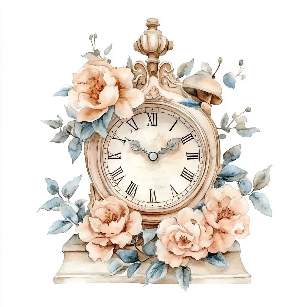 8 Floral Clock Clipart, Vintage Clock, Printable Watercolor Clipart ...