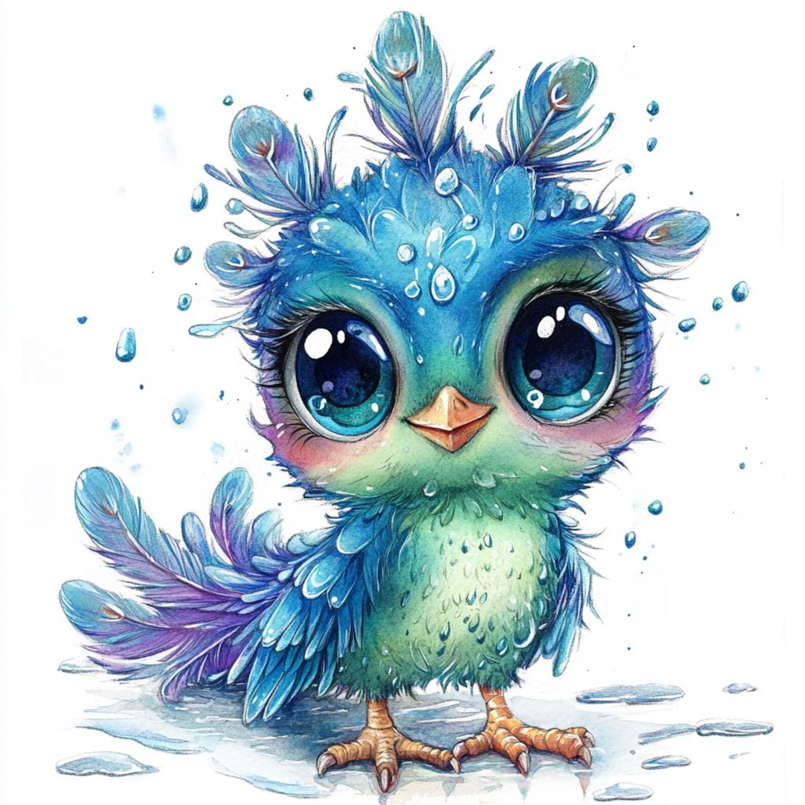 8 Cute Baby Peacock Clip Art, Watercolor Blue Plumage Illustration PNG ...