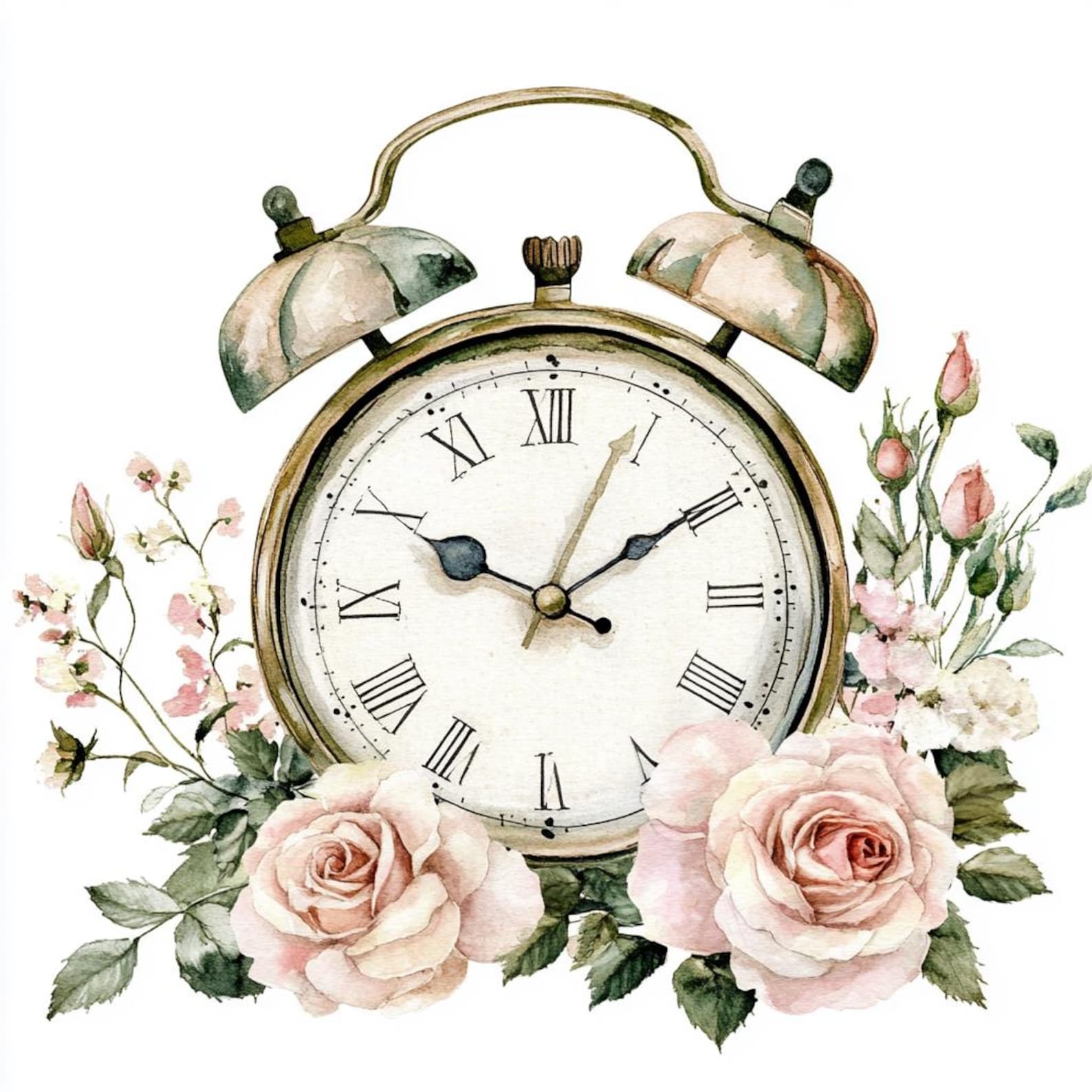8 Floral Clock Clipart, Vintage Clock, Printable Watercolor Clipart ...