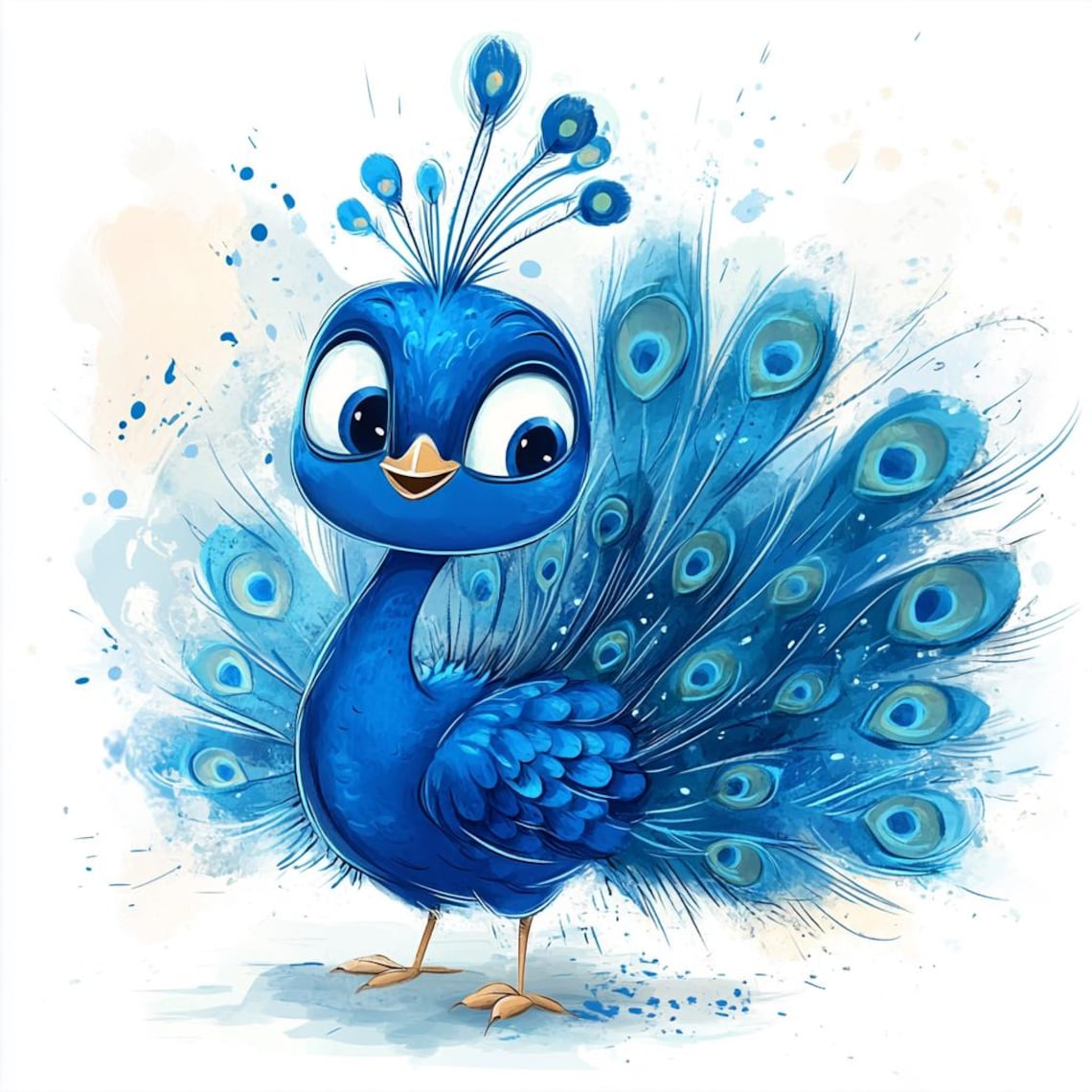 8 Cute Baby Peacock Clip Art, Watercolor Blue Plumage Illustration PNG ...
