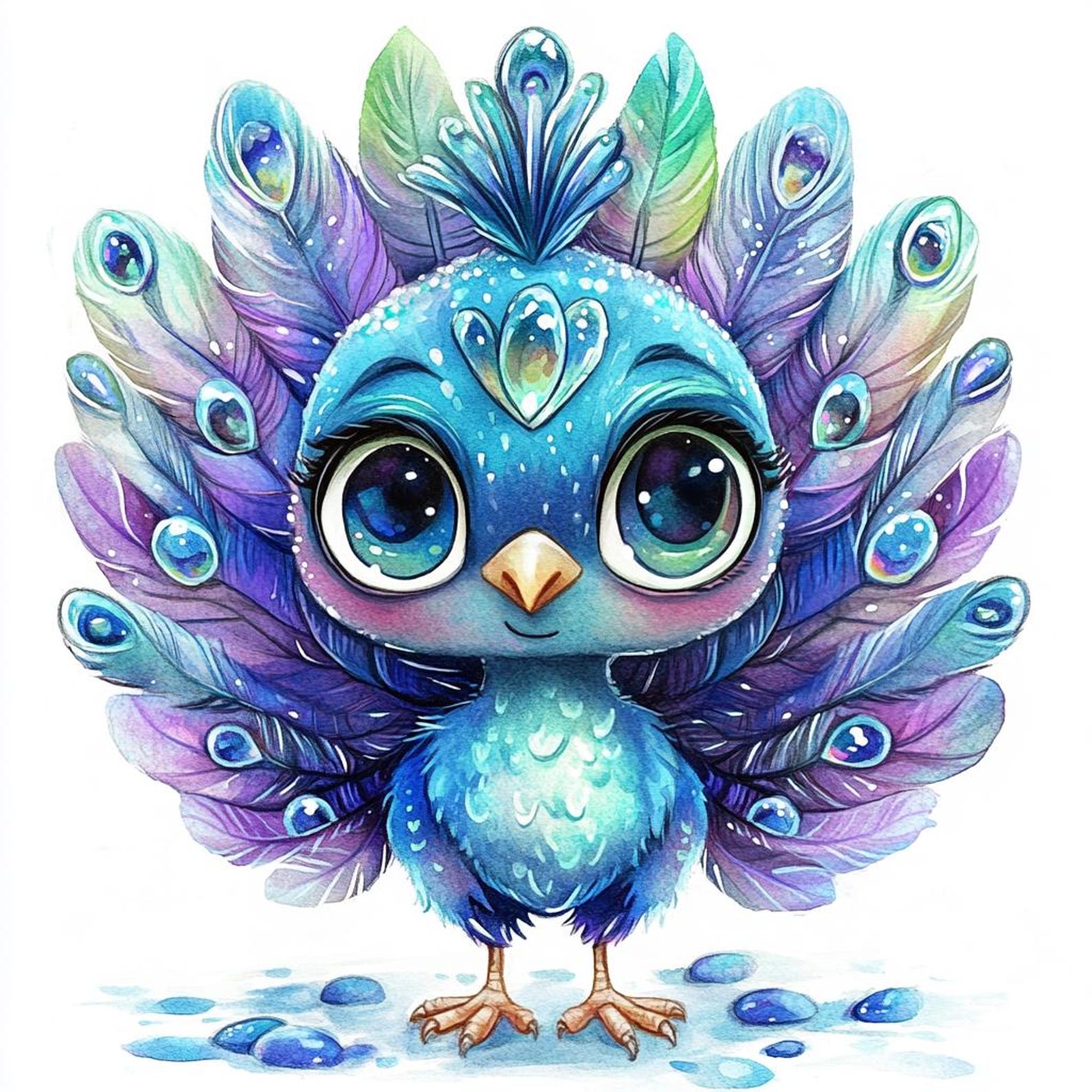 8 Cute Baby Peacock Clip Art, Watercolor Blue Plumage Illustration PNG ...