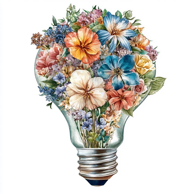10 Light Bulb Clipart, Watercolor Floral Bronze Lamp Graphics, 10 JPJ ...