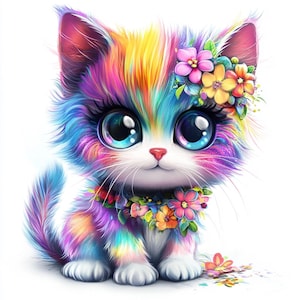 Watercolor Rainbow Kitten Clipart: Colorful Cat PNG, JPG (digital ...