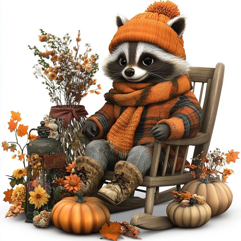 8 Cute Raccoon Pumpkin Clipart, Autumn Leaves Clipart, PNG,JPJ, Warm ...