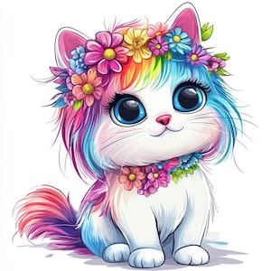 Watercolor Rainbow Kitten Clipart: Colorful Cat PNG, JPG (digital ...