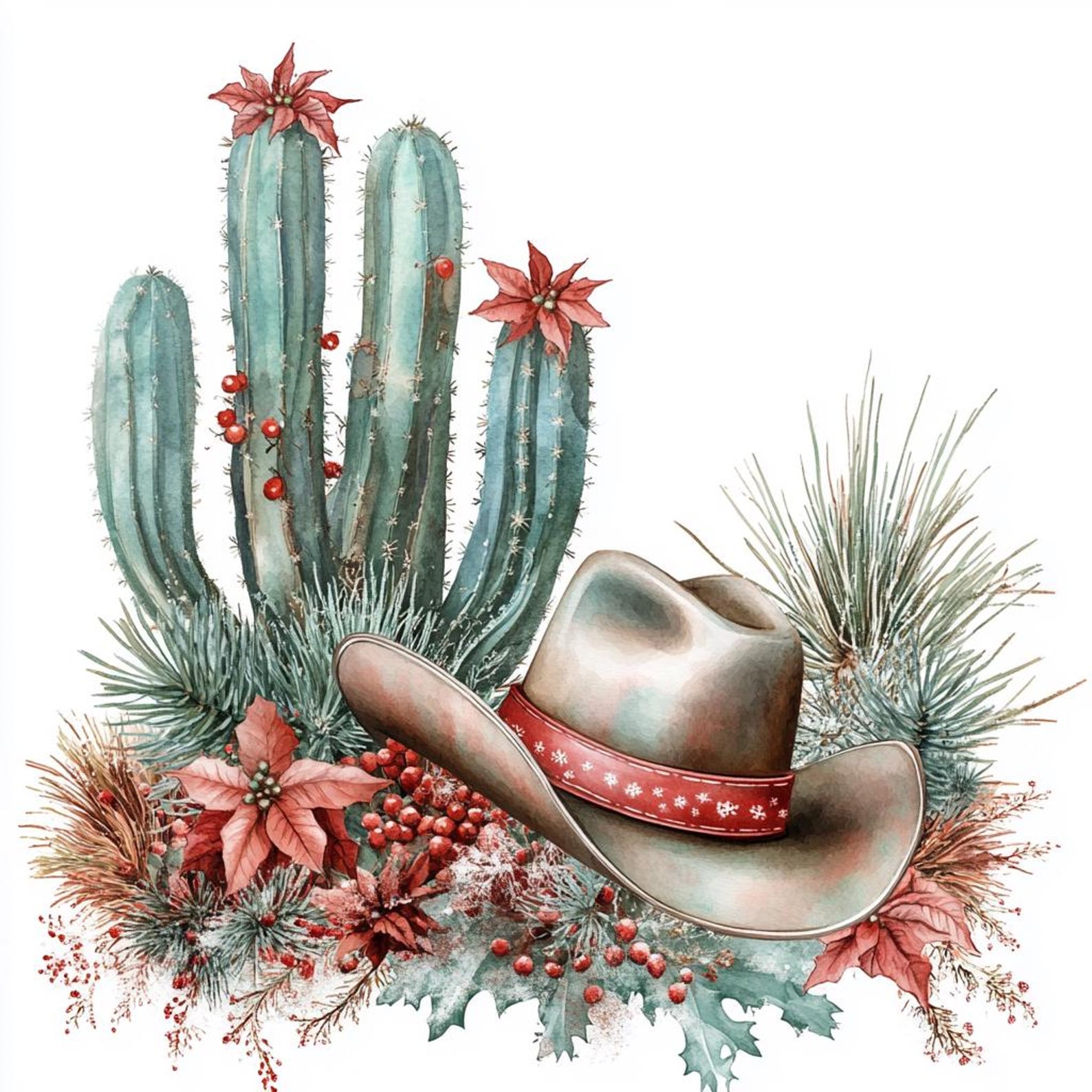 10 Christmas Cactus Clipart, Digital Watercolor Clip Art, Cute Cactus ...