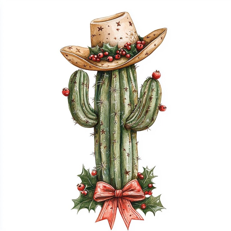 10 Christmas Cactus Clipart, Digital Watercolor Clip Art, Cute Cactus ...