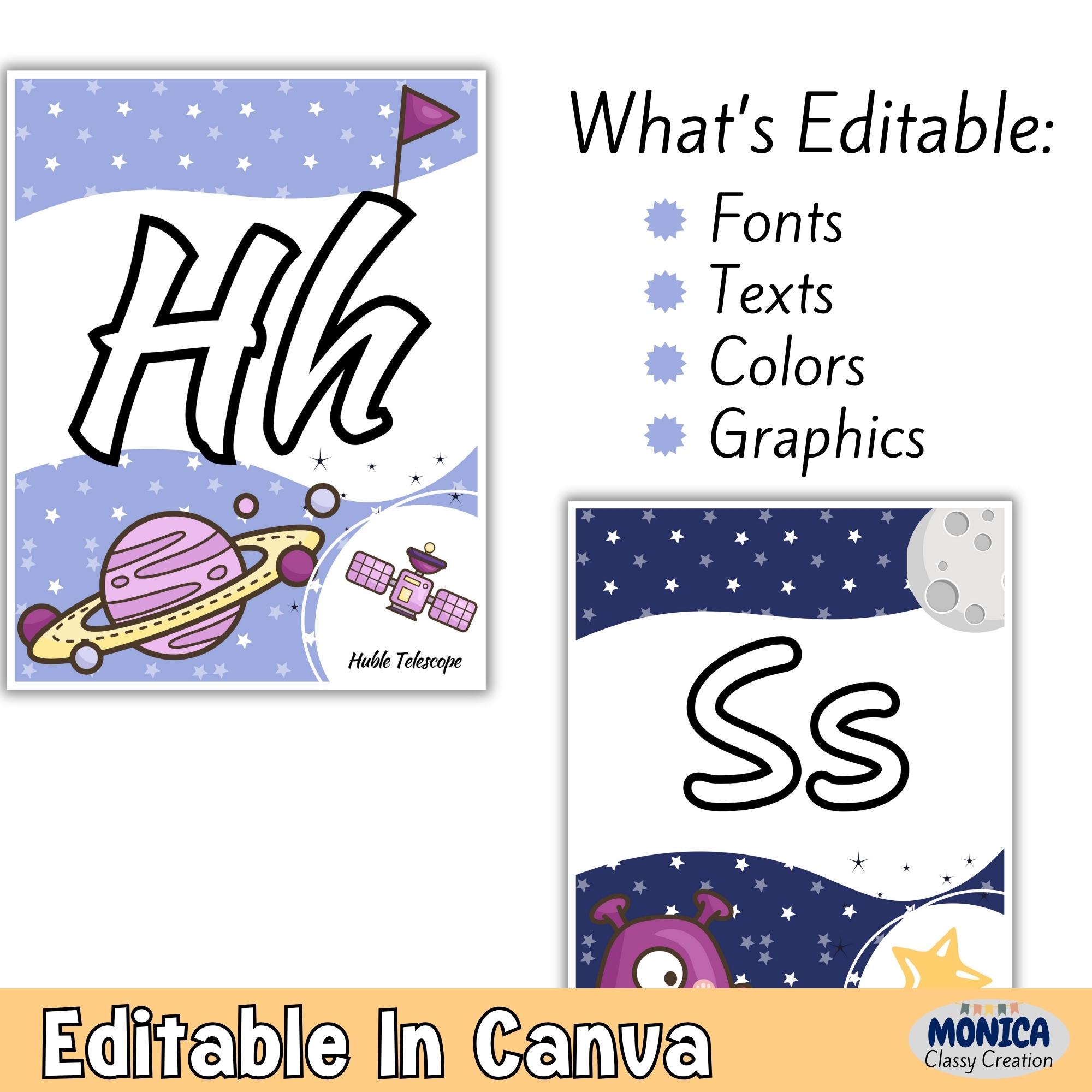 Alphabet Posters Printable Outer Space Theme Classroom Decor Cursive ...