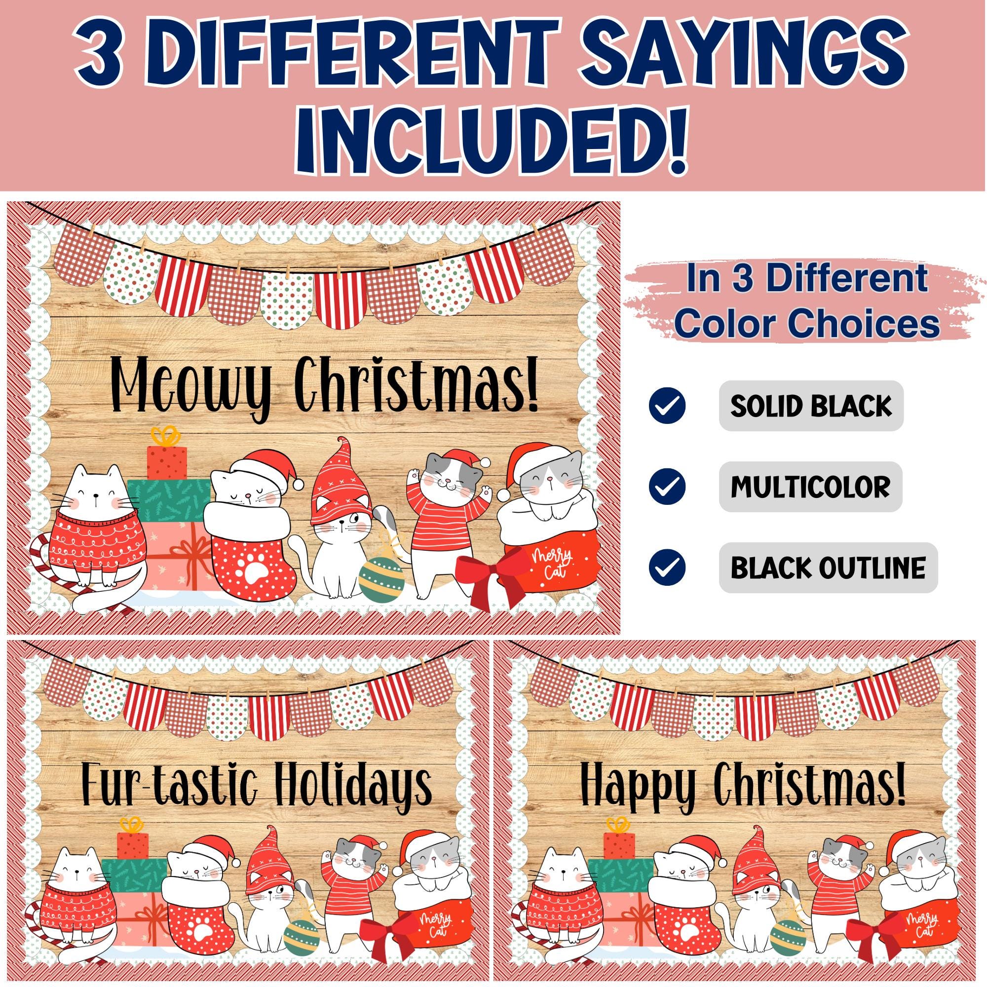 Cute Cat Bulletin Board Kit Christmas Classroom Door Decor Pink Pastel ...
