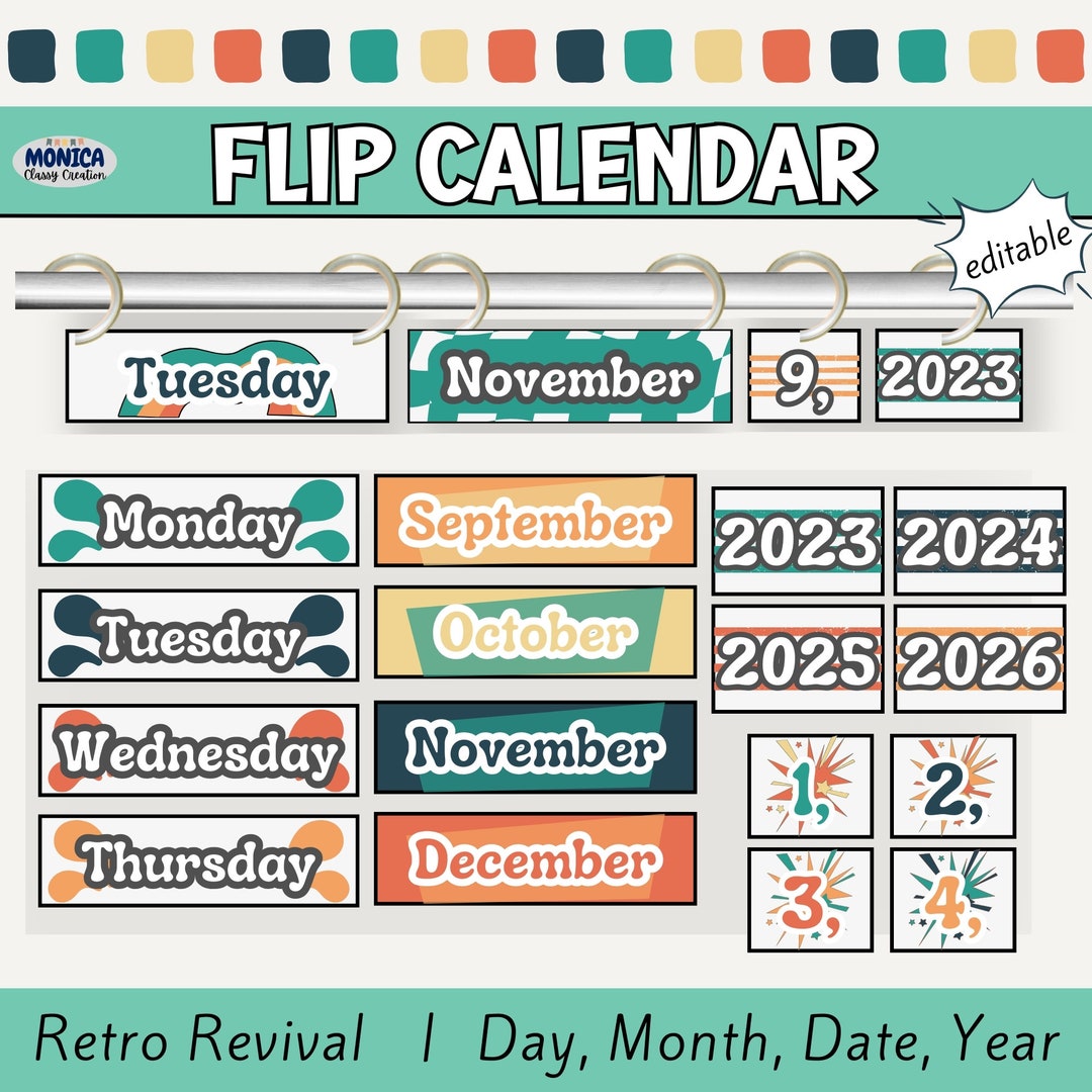 Retro Groovy Themed Classroom Flip Calendar Display-editable Canva ...