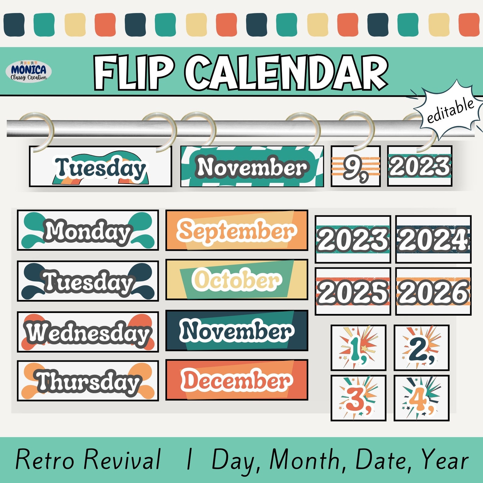 Retro Groovy Themed Classroom Flip Calendar Display-editable Canva ...