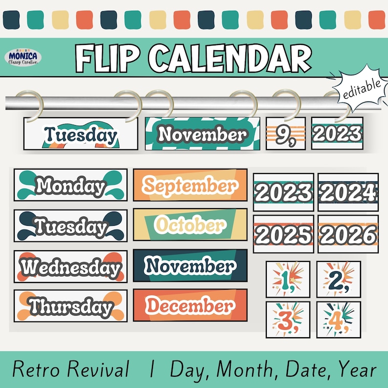 Retro Groovy Themed Classroom Flip Calendar Display-editable Canva ...