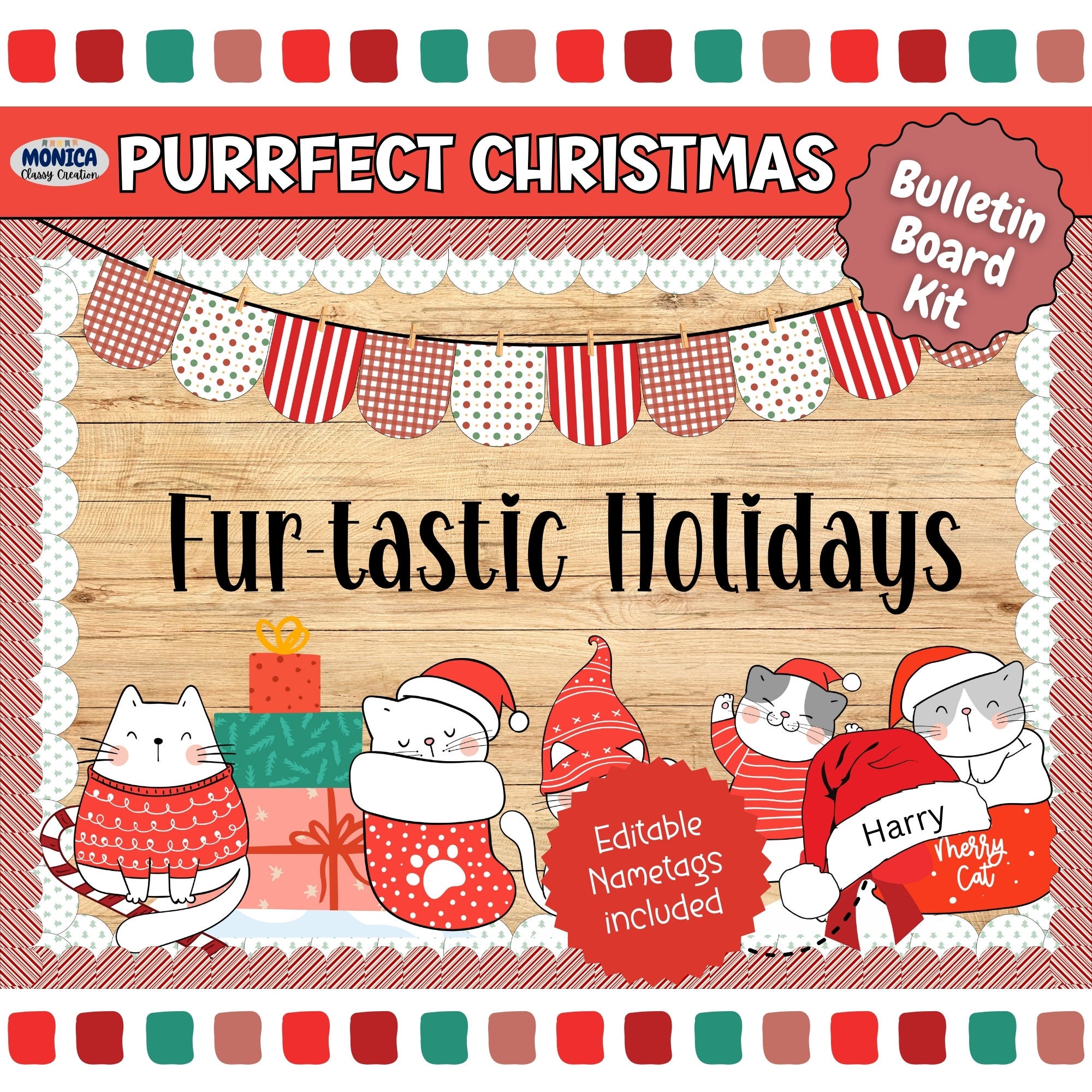 Cute Cat Bulletin Board Kit Christmas Classroom Door Decor Pink Pastel ...