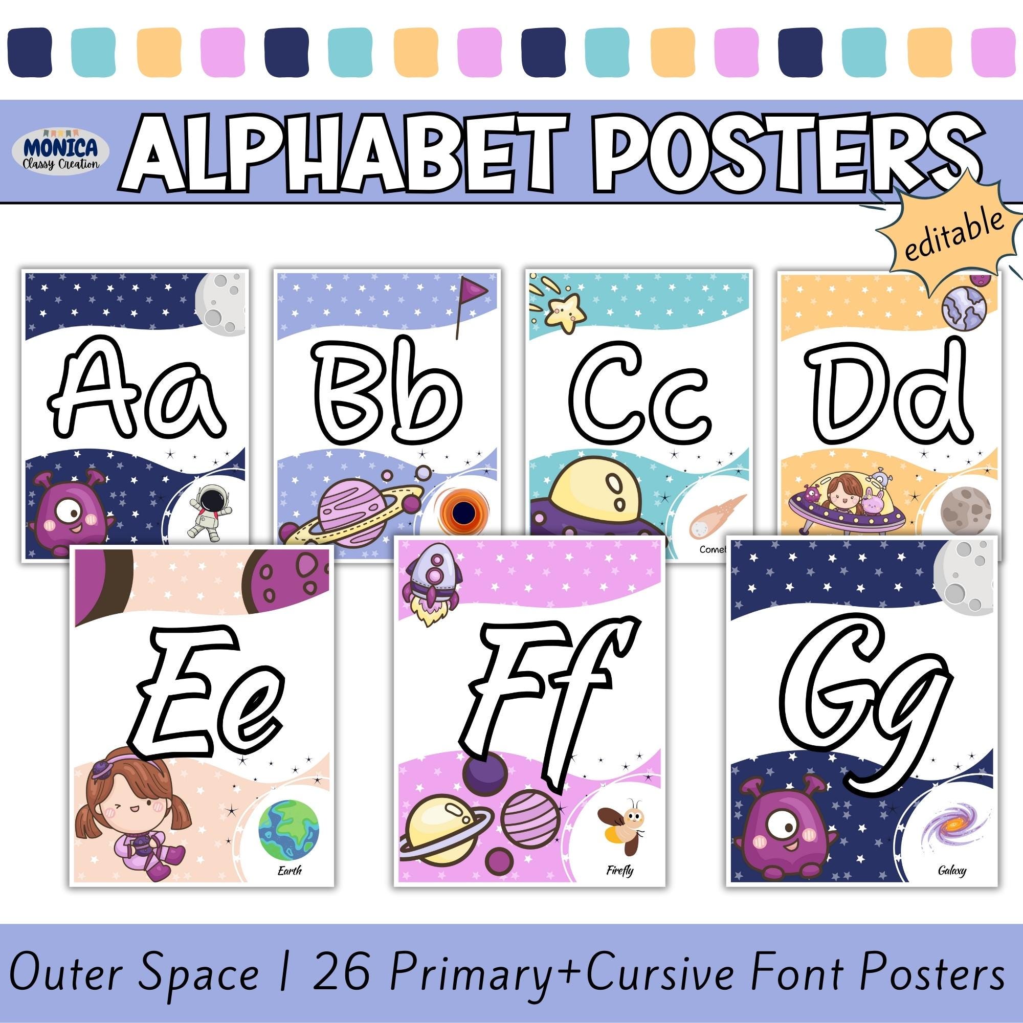 Alphabet Posters Printable Outer Space Theme Classroom Decor Cursive ...