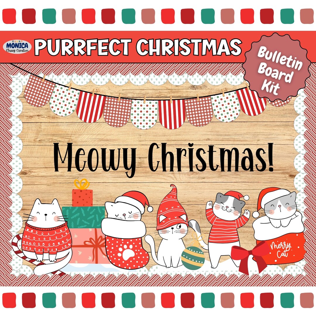 Cute Cat Bulletin Board Kit Christmas Classroom Door Decor Pink Pastel ...