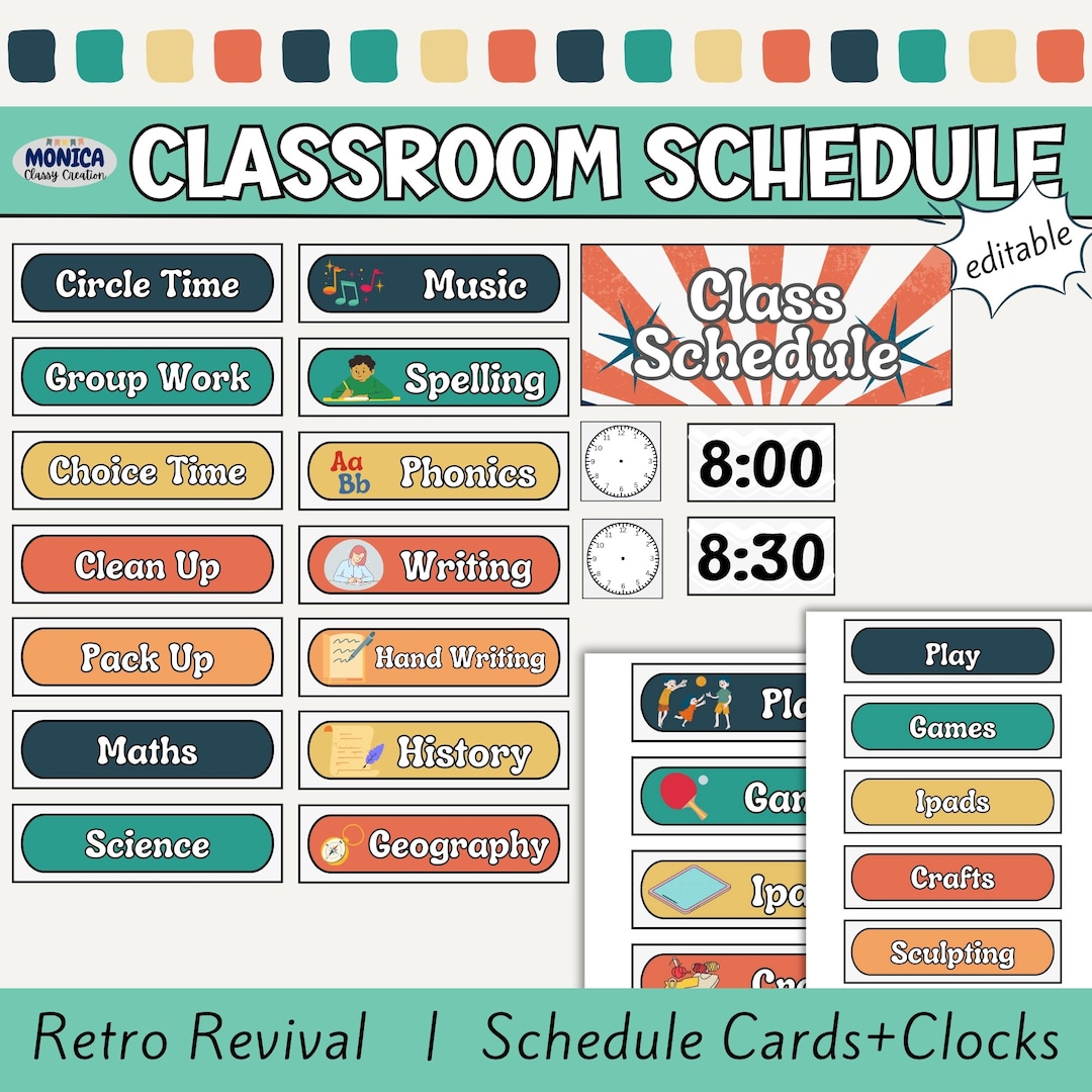 Retro Classroom Schedule Cards-groovy Class Timetable Pack-editable ...