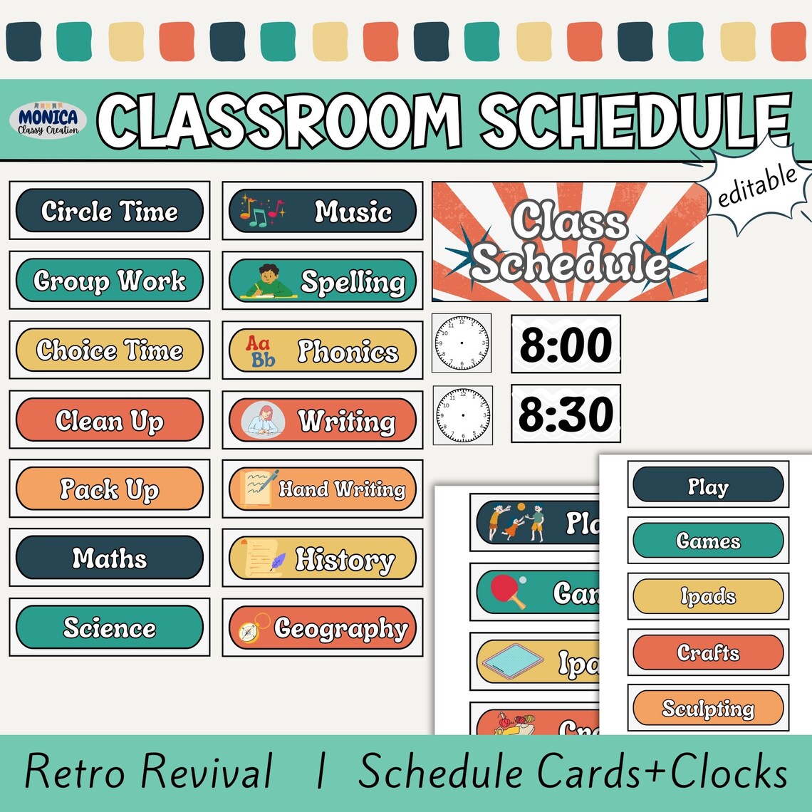 Retro Classroom Schedule Cards-groovy Class Timetable Pack-editable ...