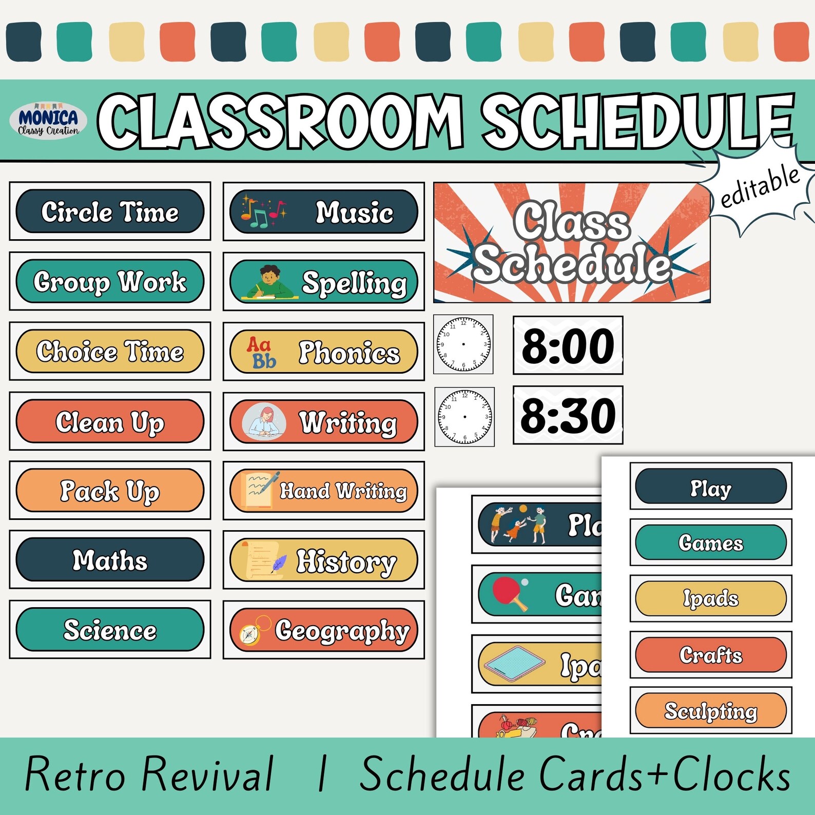 Retro Classroom Schedule Cards-groovy Class Timetable Pack-editable ...